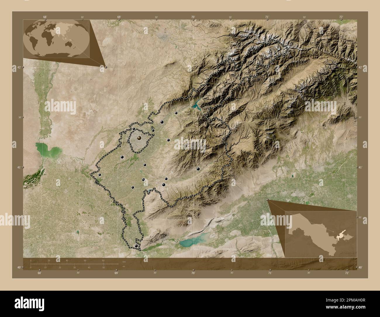 Tashkent, region of Uzbekistan. Low resolution satellite map. Locations ...