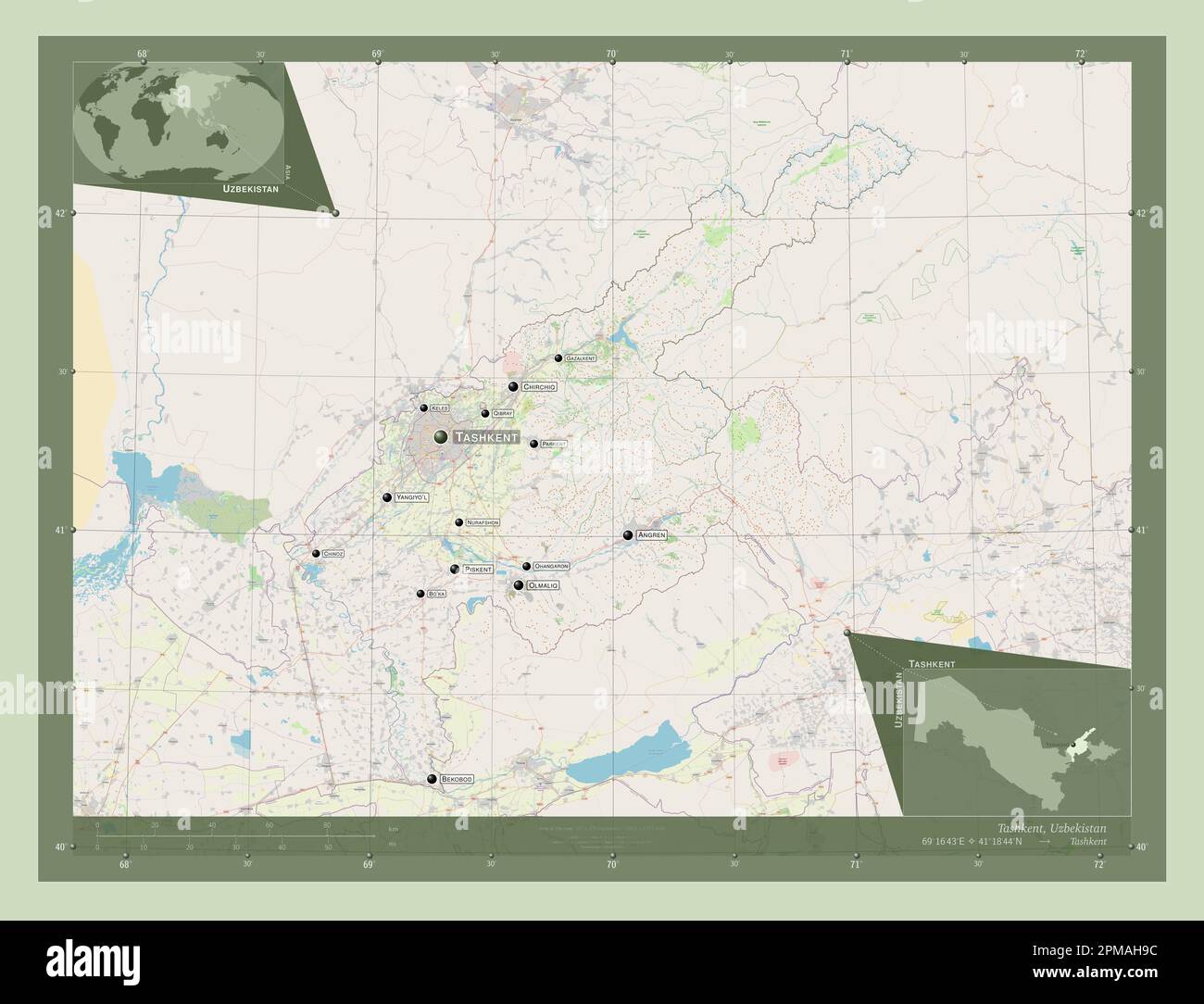 Tashkent, region of Uzbekistan. Open Street Map. Locations and names of ...
