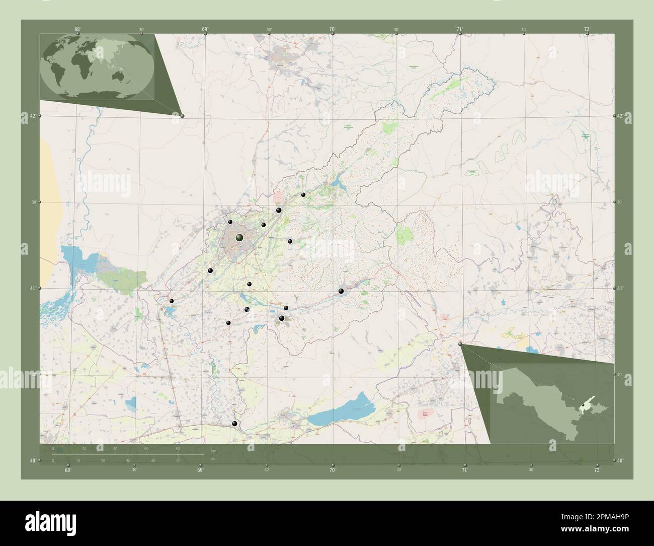 Tashkent, region of Uzbekistan. Open Street Map. Locations of major ...
