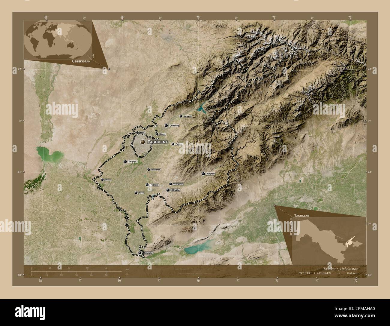 Tashkent, region of Uzbekistan. Low resolution satellite map. Locations ...