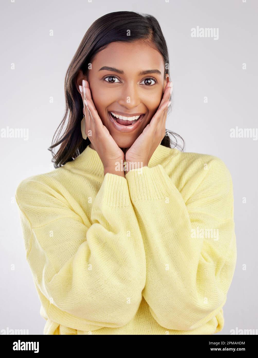 Portrait, wow and woman excited, surprise and happiness isolated on a ...