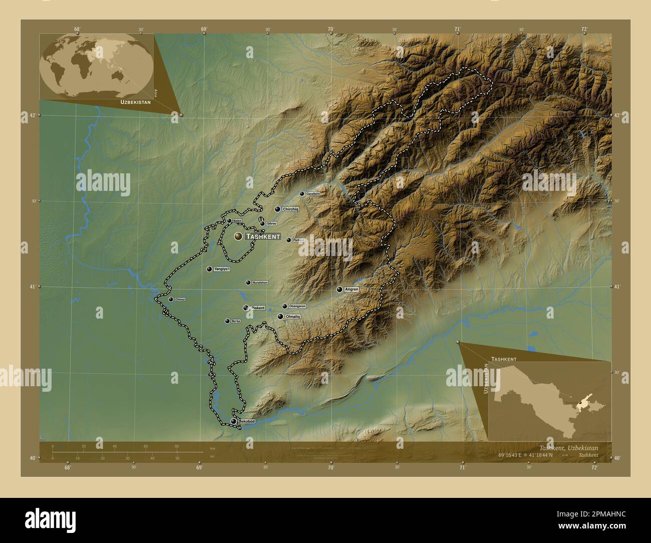 Tashkent, region of Uzbekistan. Colored elevation map with lakes and ...