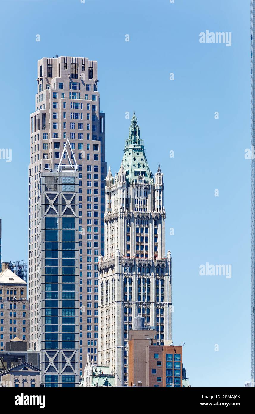Towering Trio: Limestone-clad 30 Park Place, gothic landmark Woolworth Building, and concrete ...