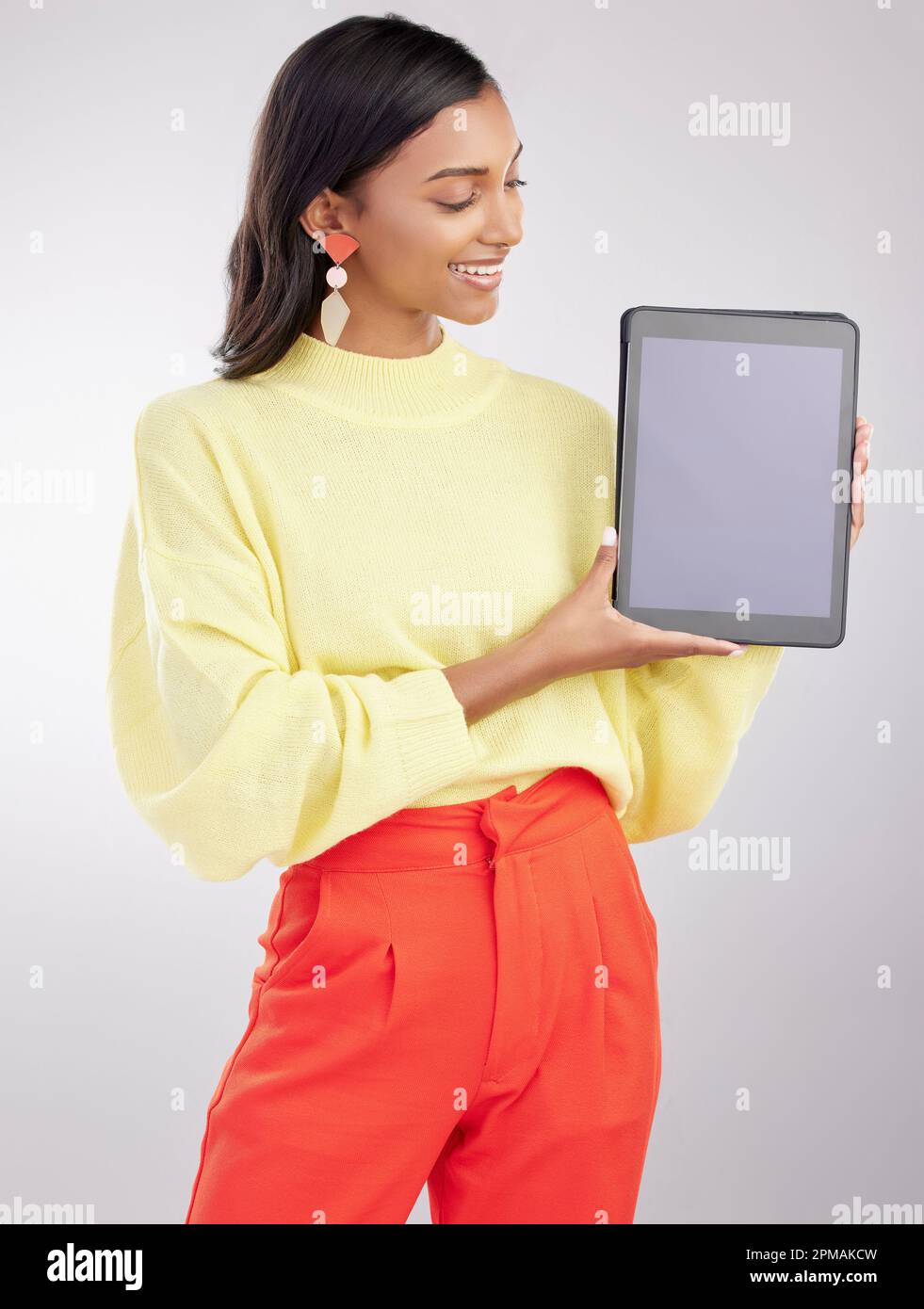 Happy, tech and woman with a tablet, screen and connection on a white ...