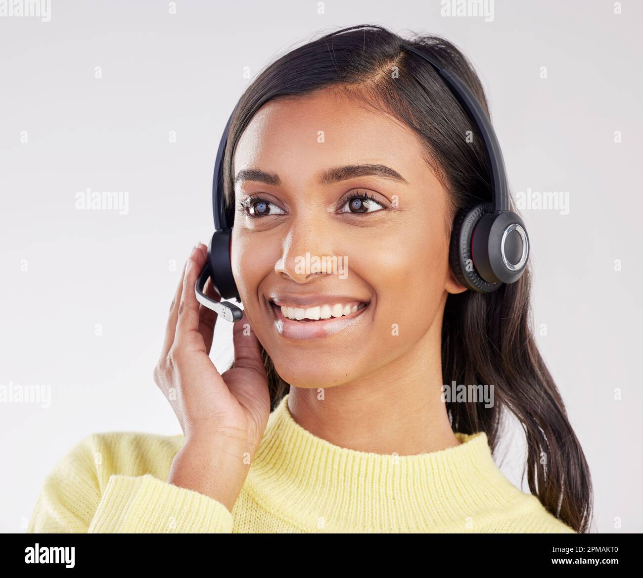 Woman has smile on face, callcenter and headset with mic, CRM and ...