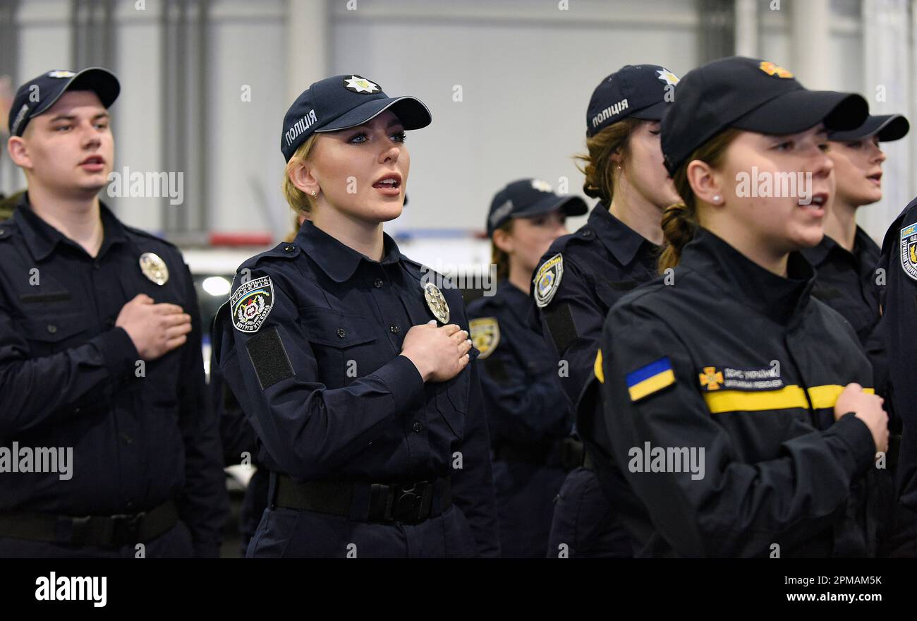 KYIV, UKRAINE - APRIL 12, 2023 - Police cadets perform a national ...