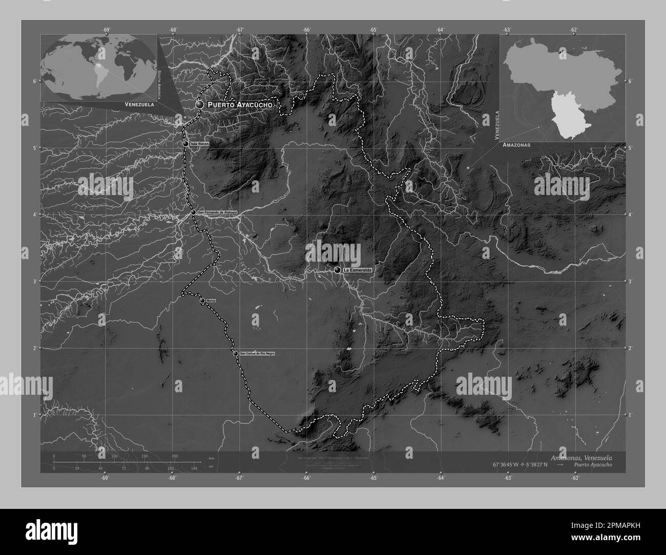 Amazonas, state of Venezuela. Grayscale elevation map with lakes and rivers. Locations and names ...