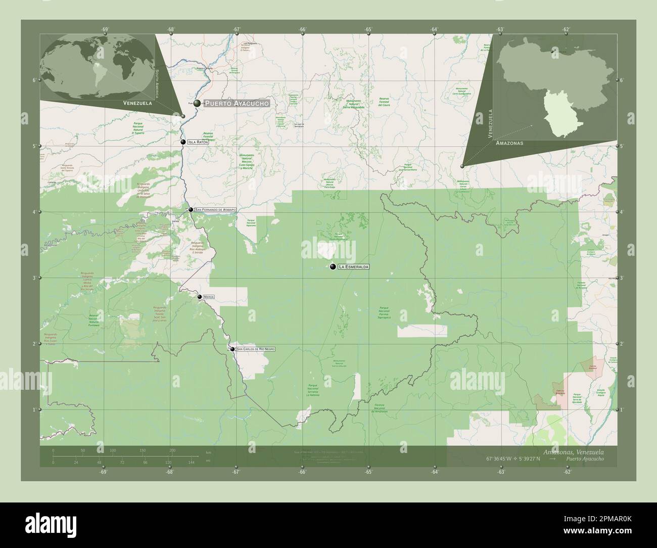 Amazonas, state of Venezuela. Open Street Map. Locations and names of ...