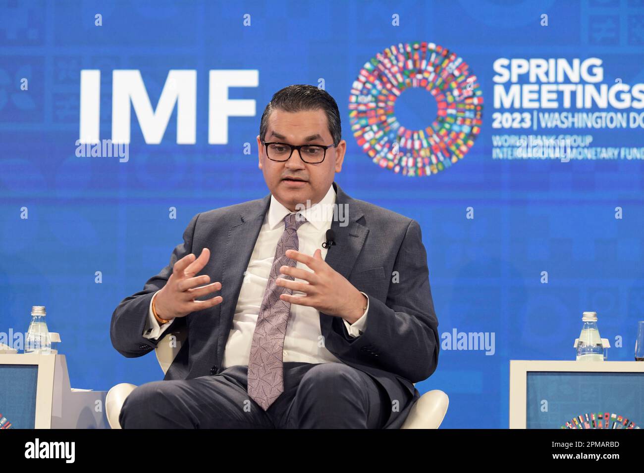 Washington, USA. 12th Apr, 2023. Governor of Bank of Mauritius Harvesh Kumar Seegolam speaks ...