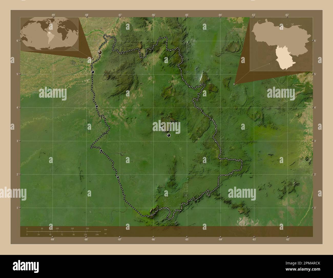 Amazonas, state of Venezuela. Low resolution satellite map. Locations ...