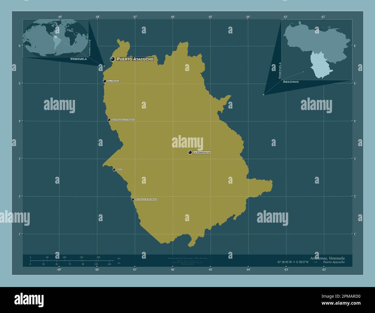 Amazonas, state of Venezuela. Solid color shape. Locations and names of ...
