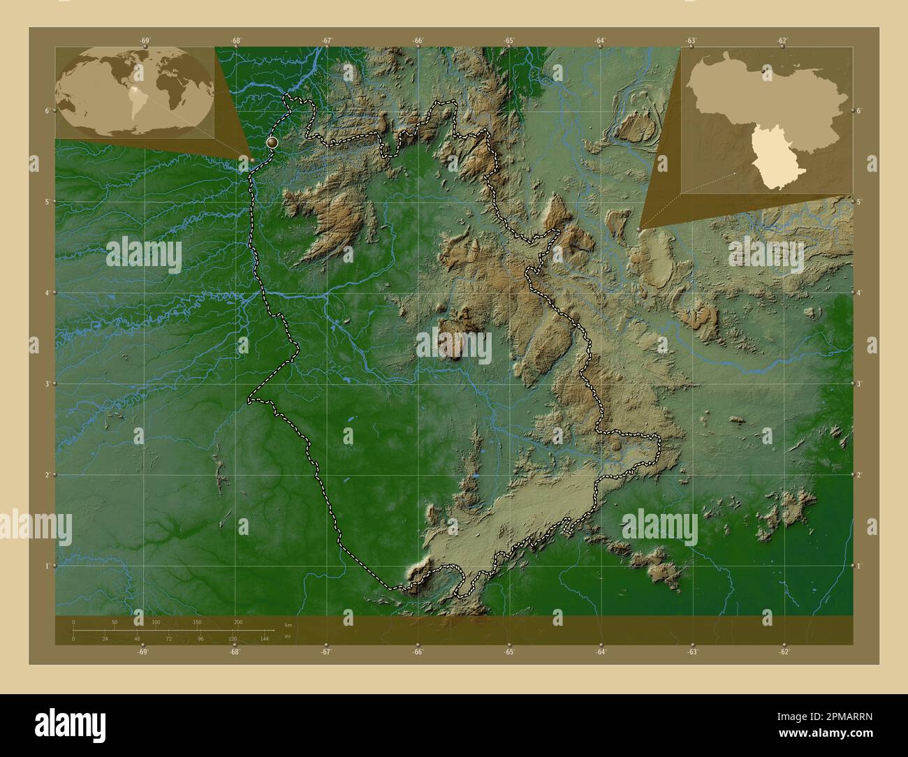 Amazonas, state of Venezuela. Colored elevation map with lakes and ...