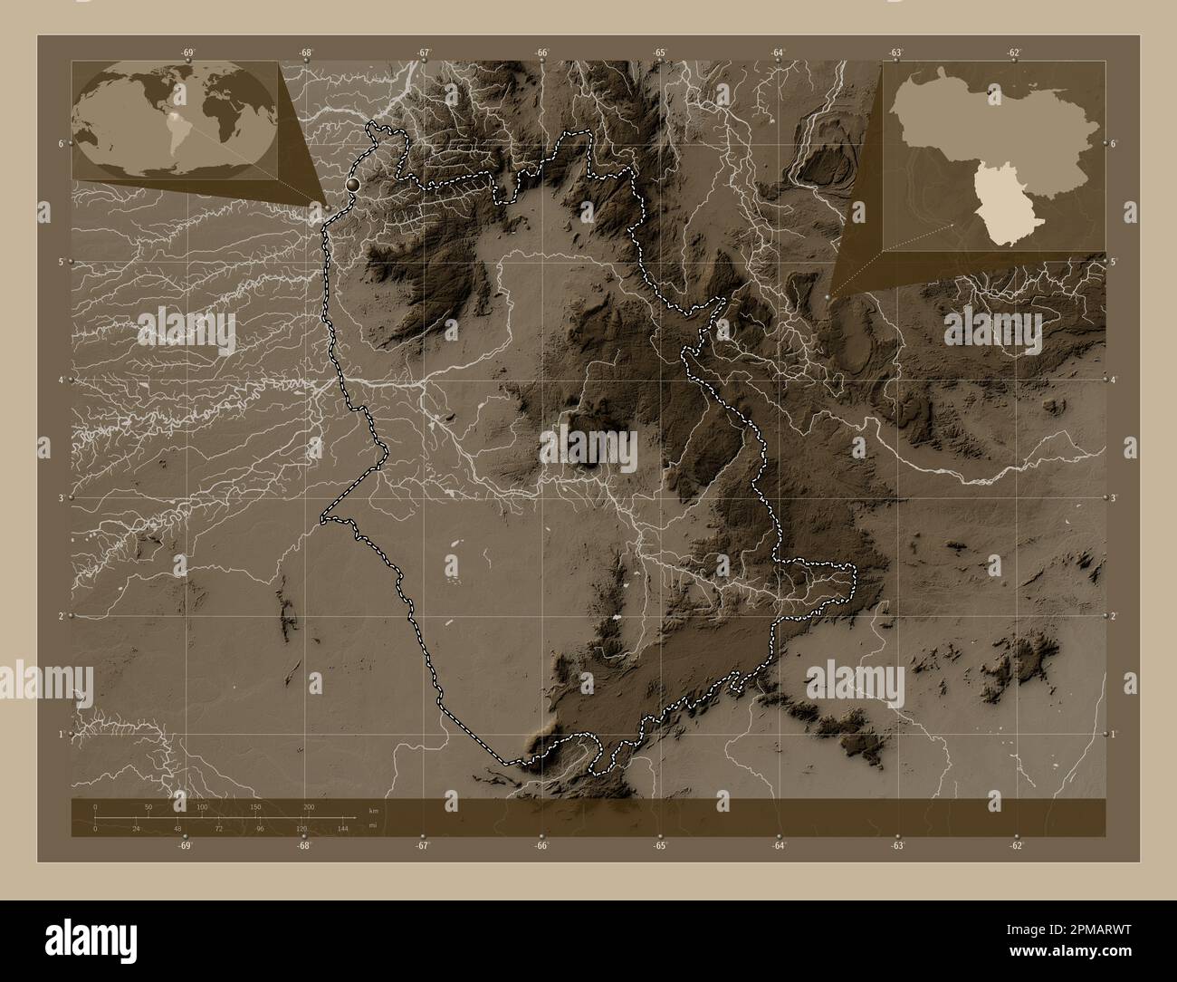 Amazonas, state of Venezuela. Elevation map colored in sepia tones with ...