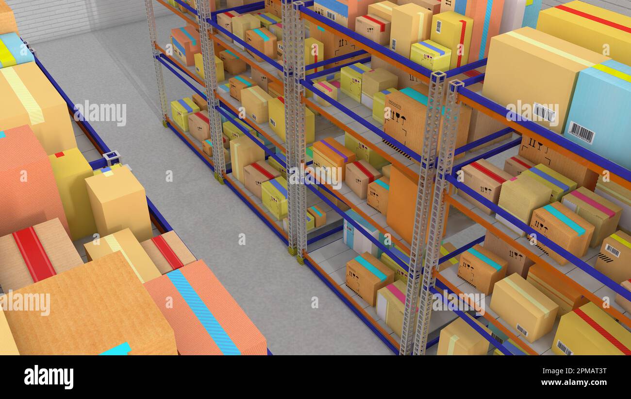 Warehouse with iron racks and boxes on them. 3d render Stock Photo - Alamy