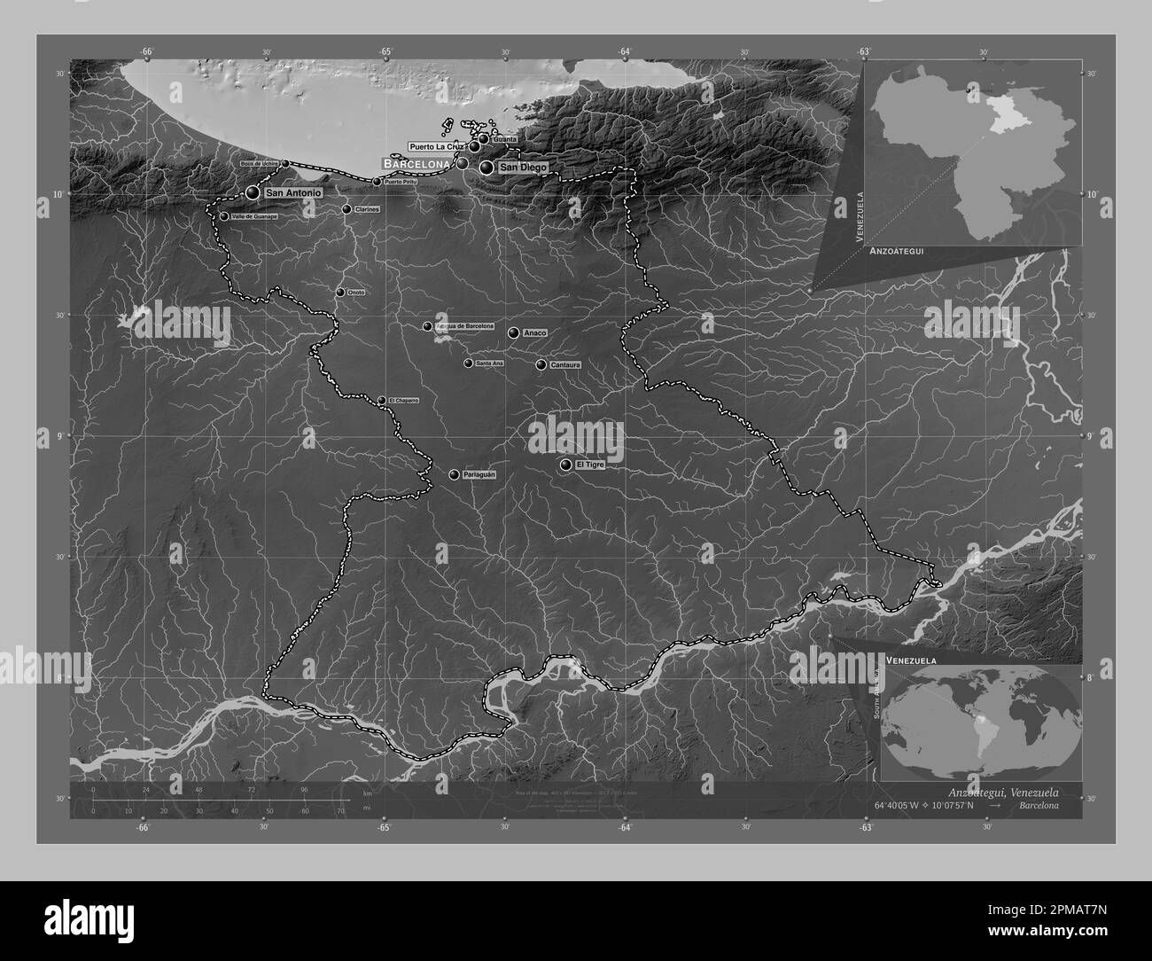 Anzoategui, state of Venezuela. Grayscale elevation map with lakes and ...