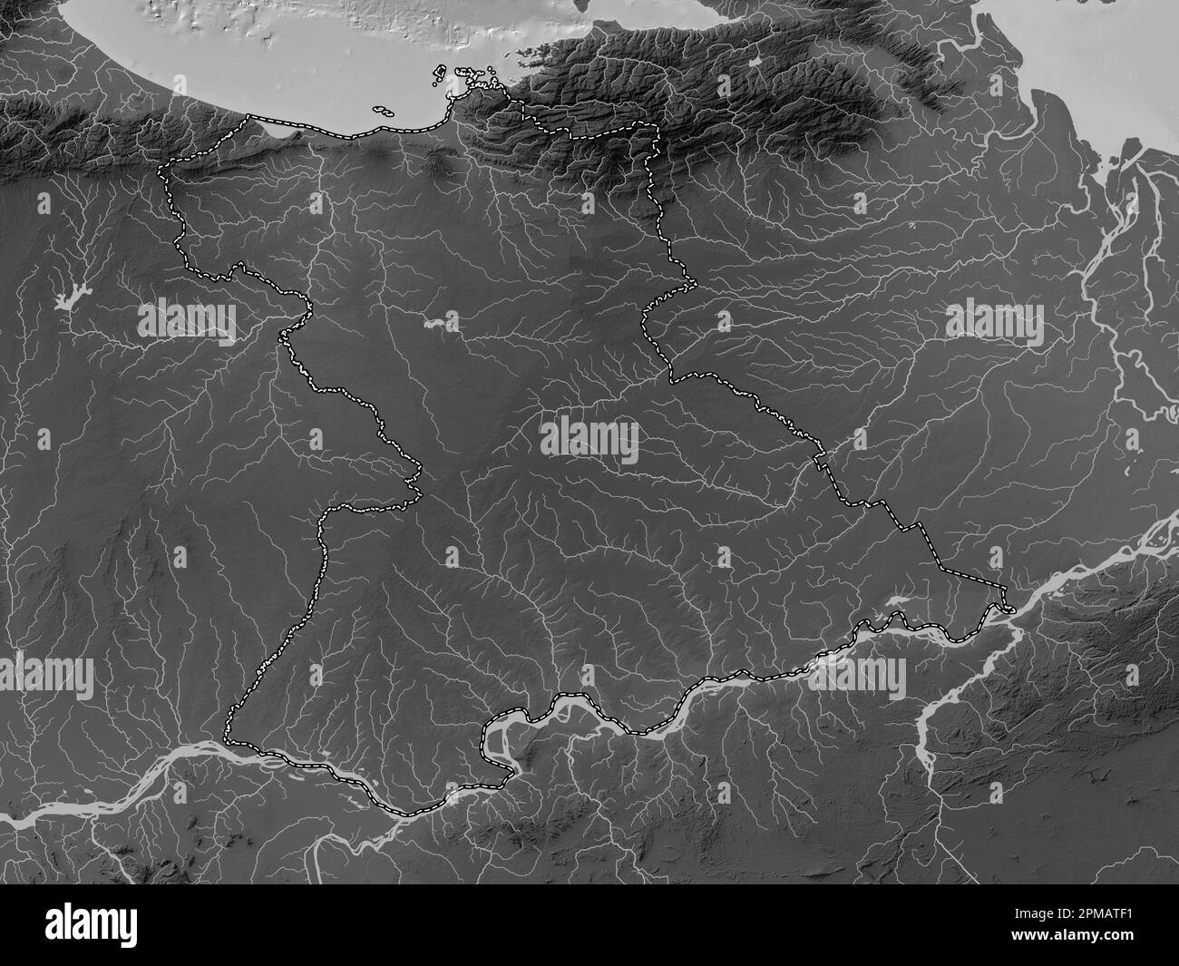 Anzoategui, state of Venezuela. Grayscale elevation map with lakes and ...