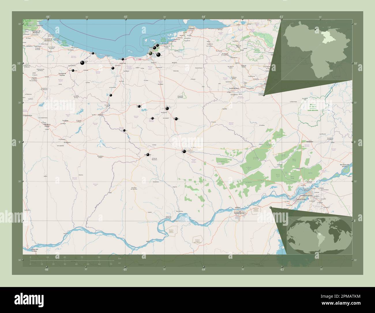 Anzoategui, state of Venezuela. Open Street Map. Locations of major ...