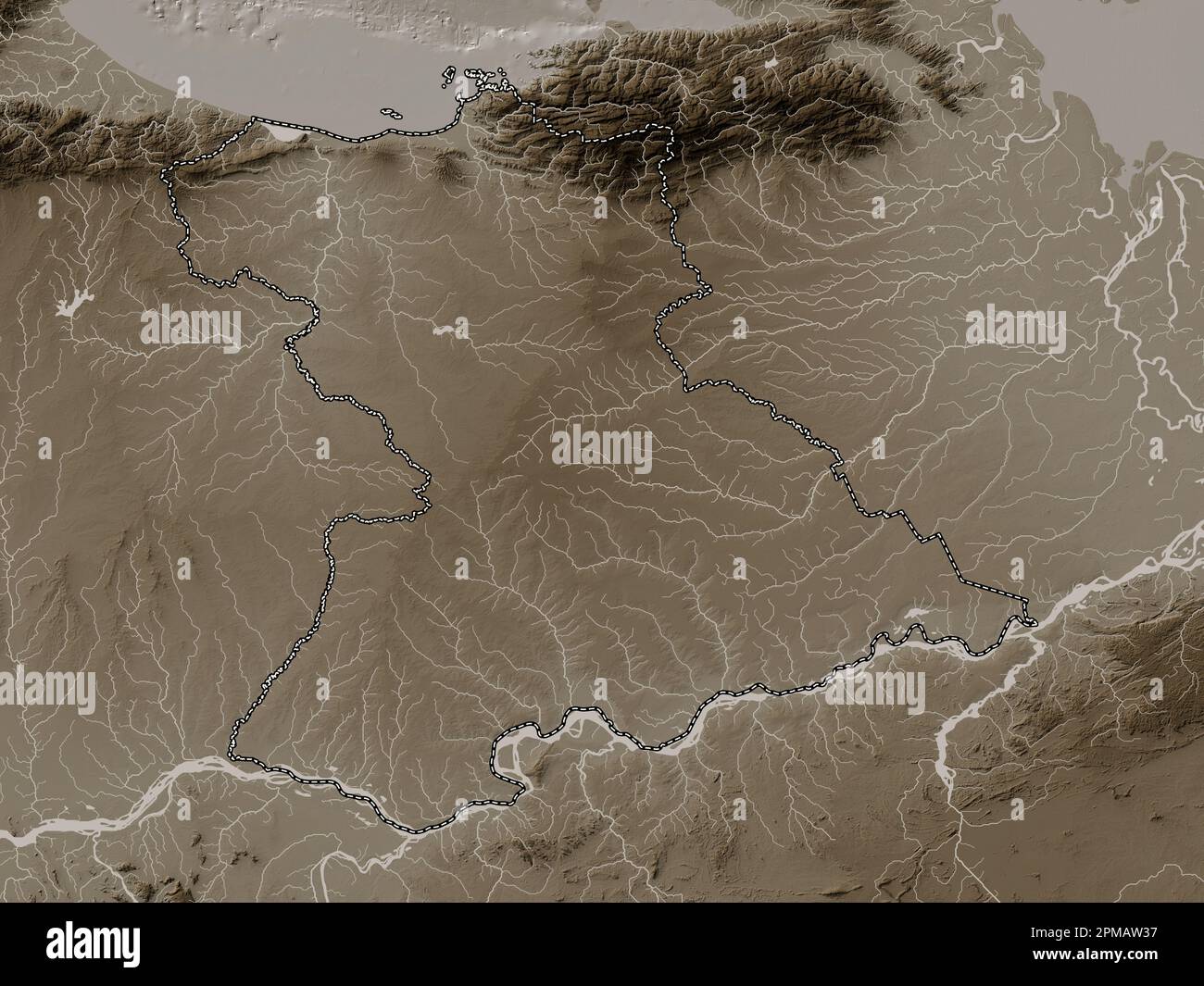 Anzoategui, state of Venezuela. Elevation map colored in sepia tones ...