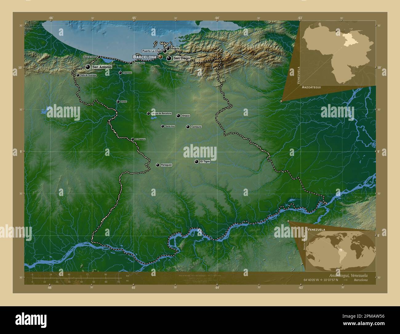 Anzoategui, state of Venezuela. Colored elevation map with lakes and ...