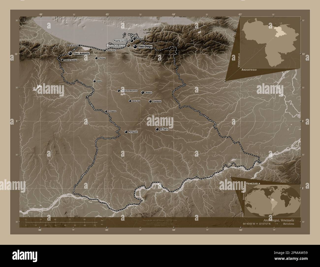 Anzoategui, state of Venezuela. Elevation map colored in sepia tones ...