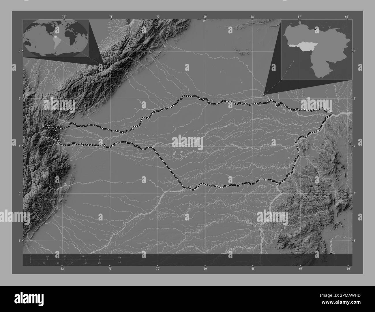 Apure, state of Venezuela. Bilevel elevation map with lakes and rivers ...