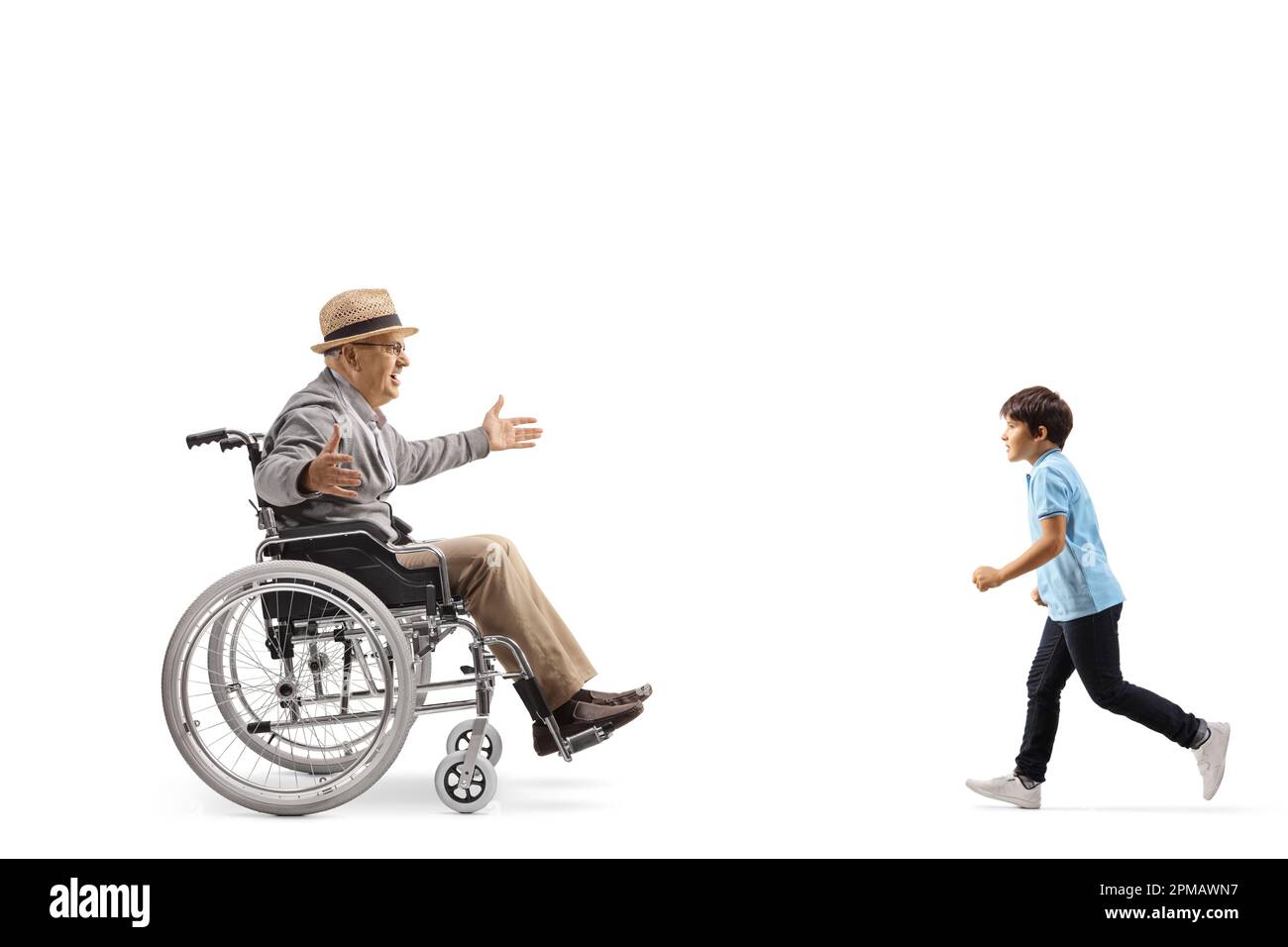 Child running towards an elderly man in a wheelchair isolated on white ...