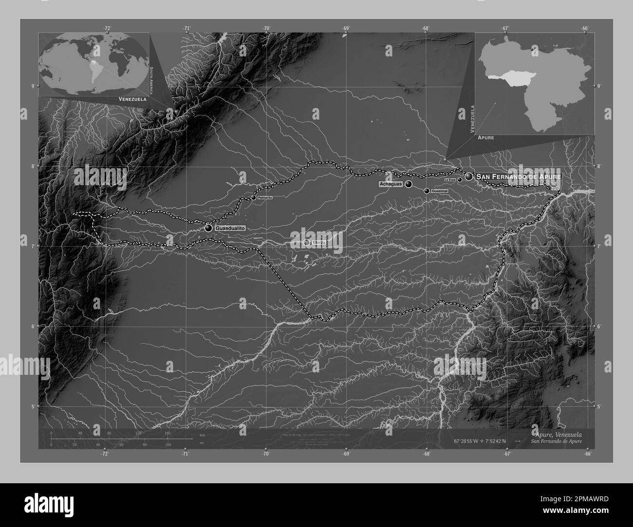 Apure, state of Venezuela. Grayscale elevation map with lakes and ...