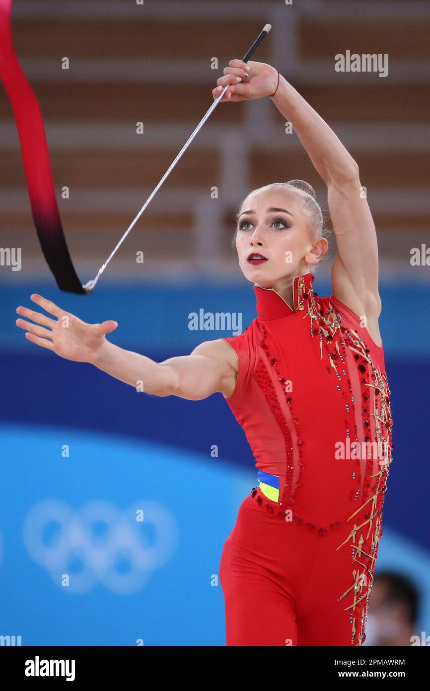 AUG 7, 2021 - Tokyo, Japan: Viktoriia ONOPRIIENKO of Ukraine performs her ribbon routine in the ...