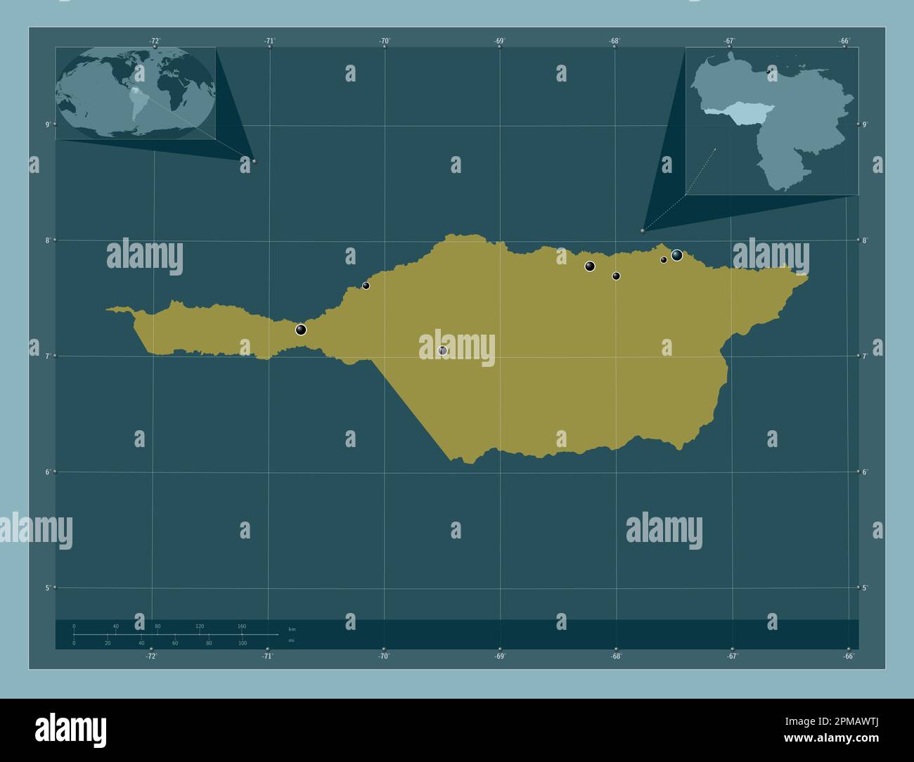 Apure, state of Venezuela. Solid color shape. Locations of major cities ...