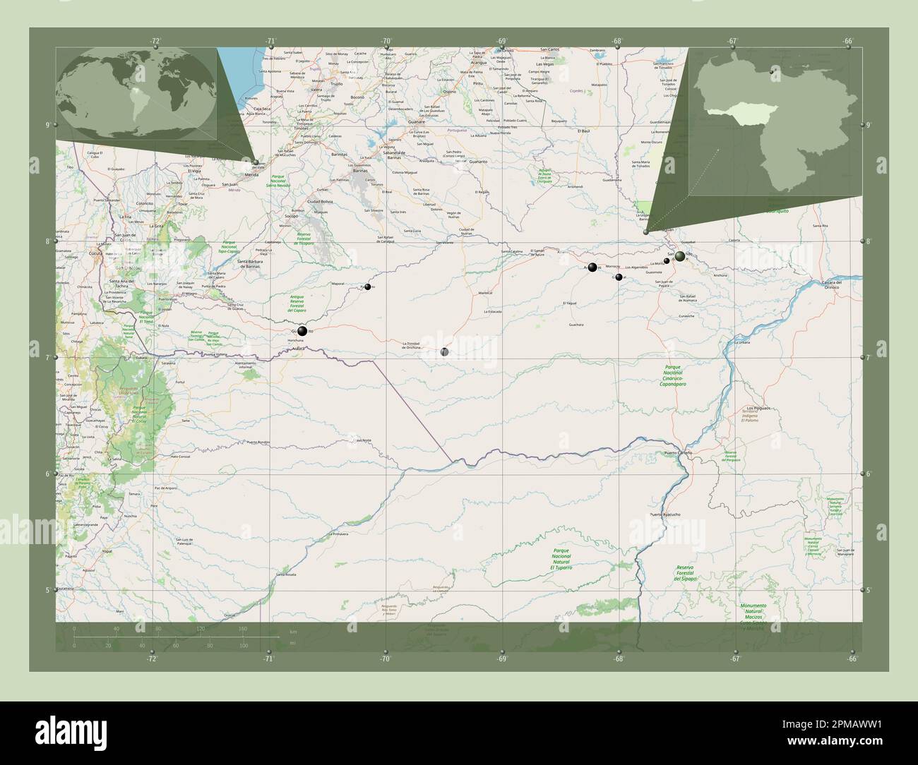 Apure, state of Venezuela. Open Street Map. Locations of major cities ...