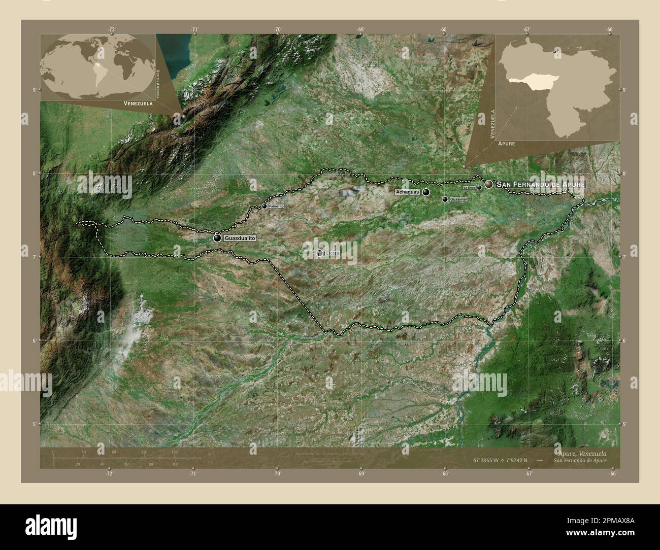 Apure, state of Venezuela. High resolution satellite map. Locations and ...