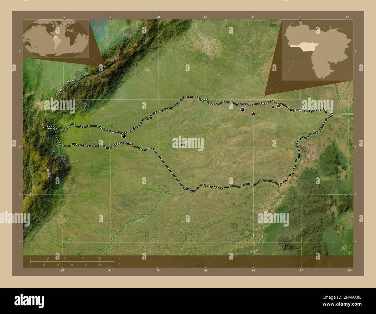 Apure, state of Venezuela. Low resolution satellite map. Locations of major cities of the region ...