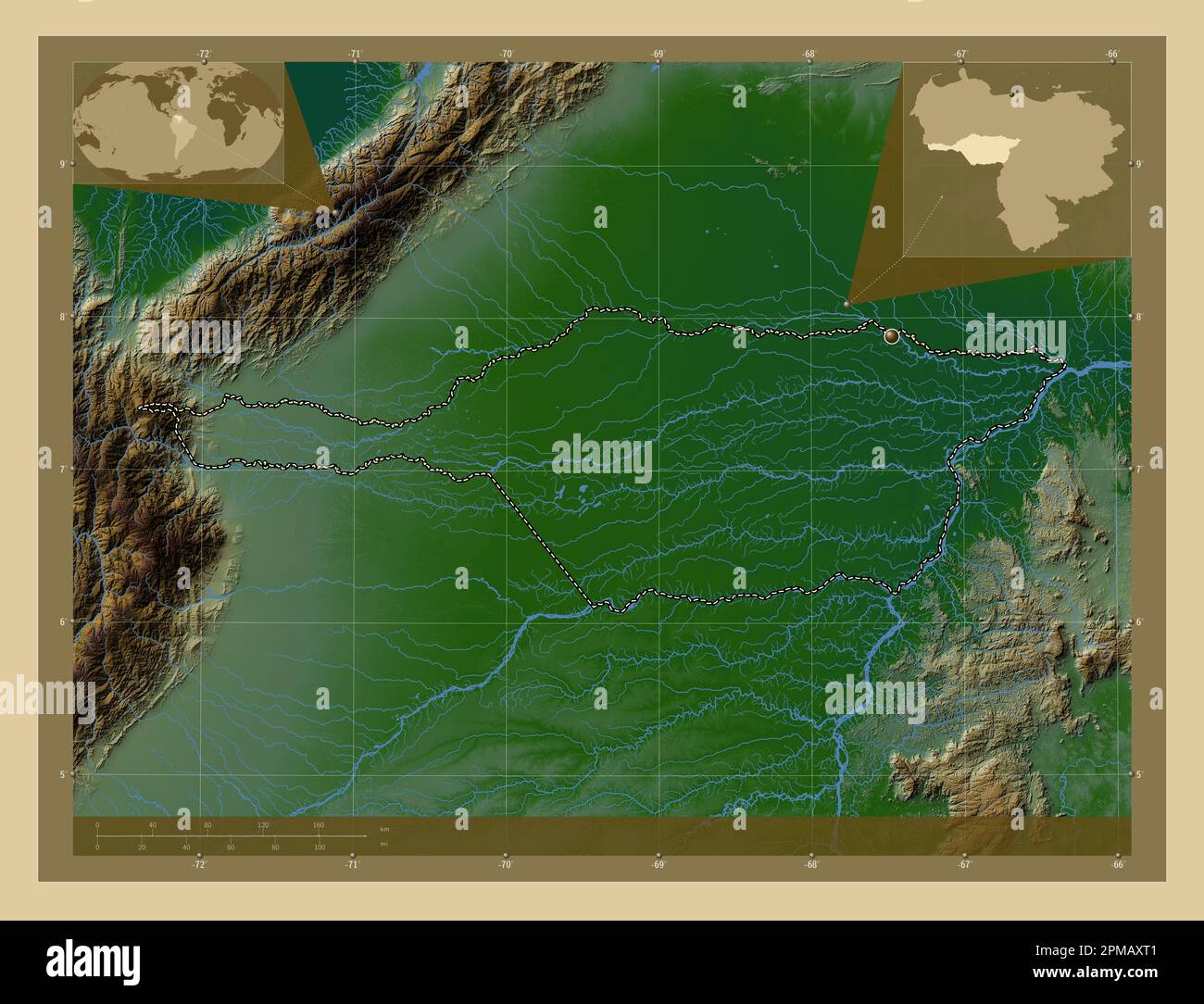 Apure, state of Venezuela. Colored elevation map with lakes and rivers ...