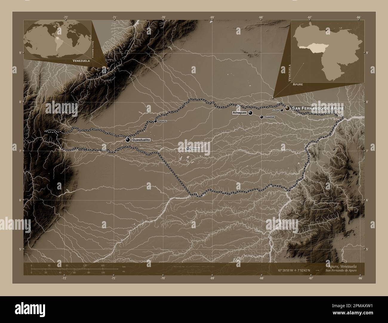 Apure, state of Venezuela. Elevation map colored in sepia tones with ...