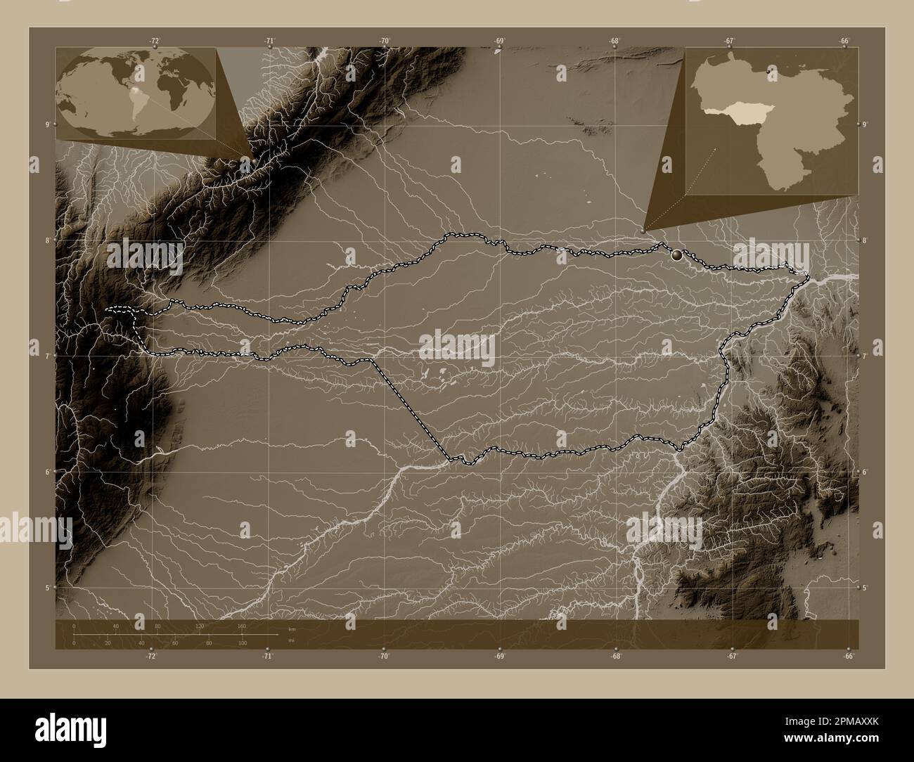 Apure, state of Venezuela. Elevation map colored in sepia tones with ...