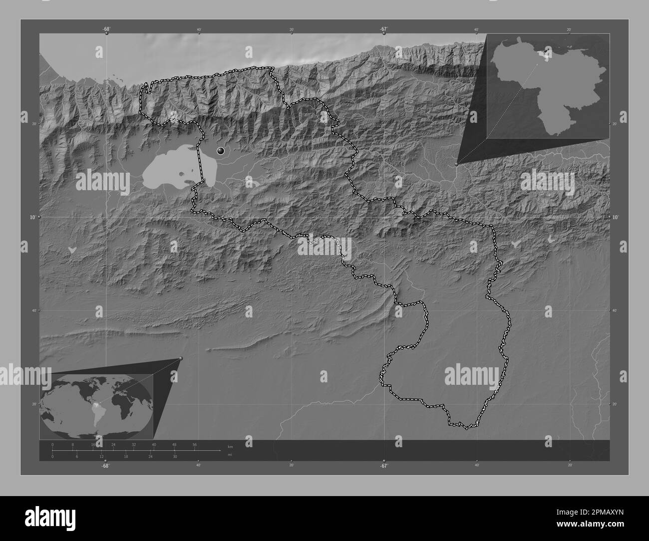 Aragua, state of Venezuela. Bilevel elevation map with lakes and rivers ...