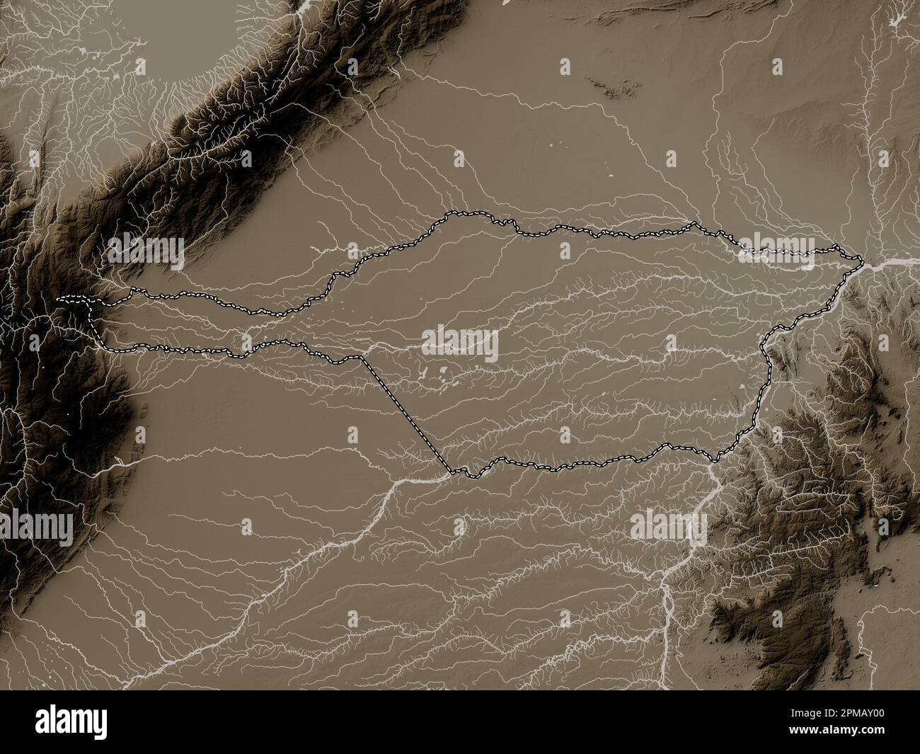 Apure, state of Venezuela. Elevation map colored in sepia tones with ...