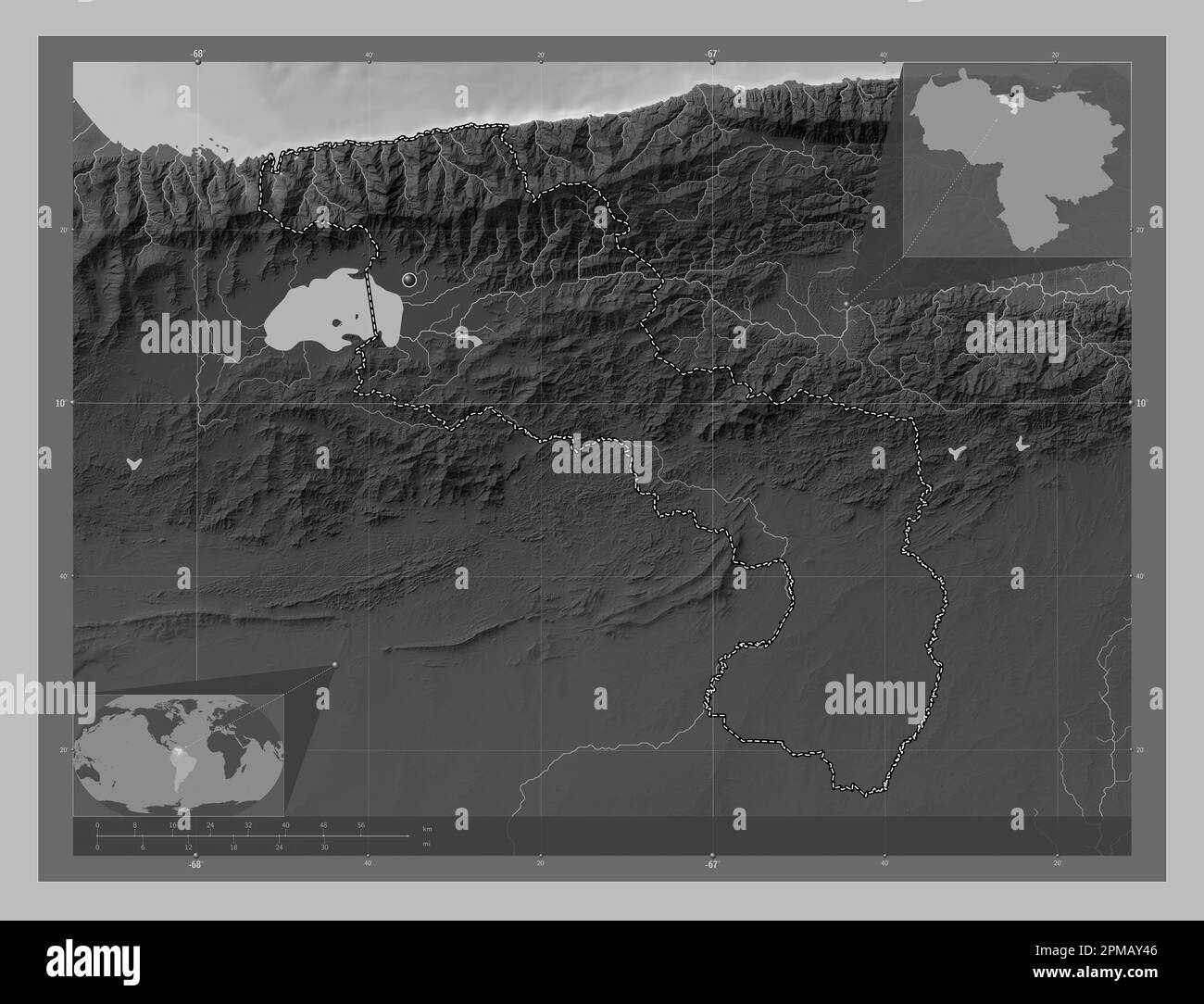 Aragua, state of Venezuela. Grayscale elevation map with lakes and ...