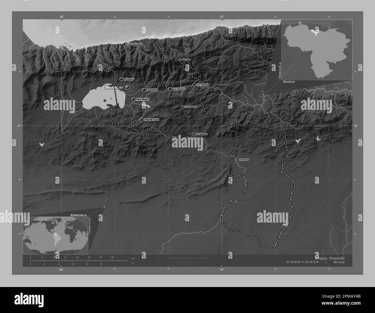 Aragua, state of Venezuela. Grayscale elevation map with lakes and ...