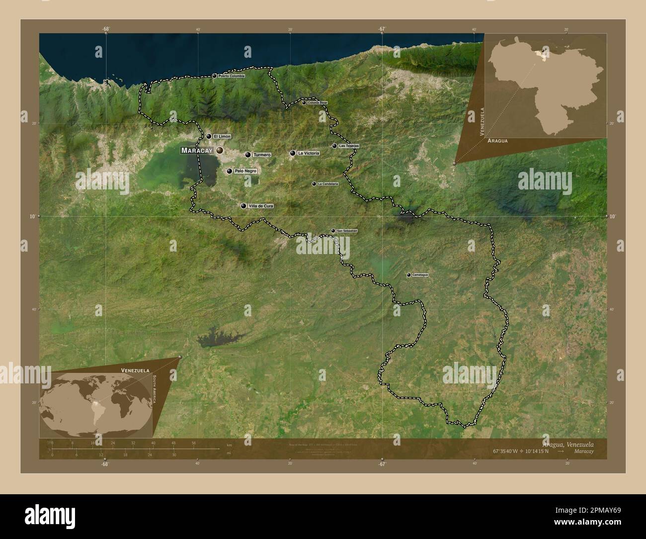 Aragua, state of Venezuela. Low resolution satellite map. Locations and ...