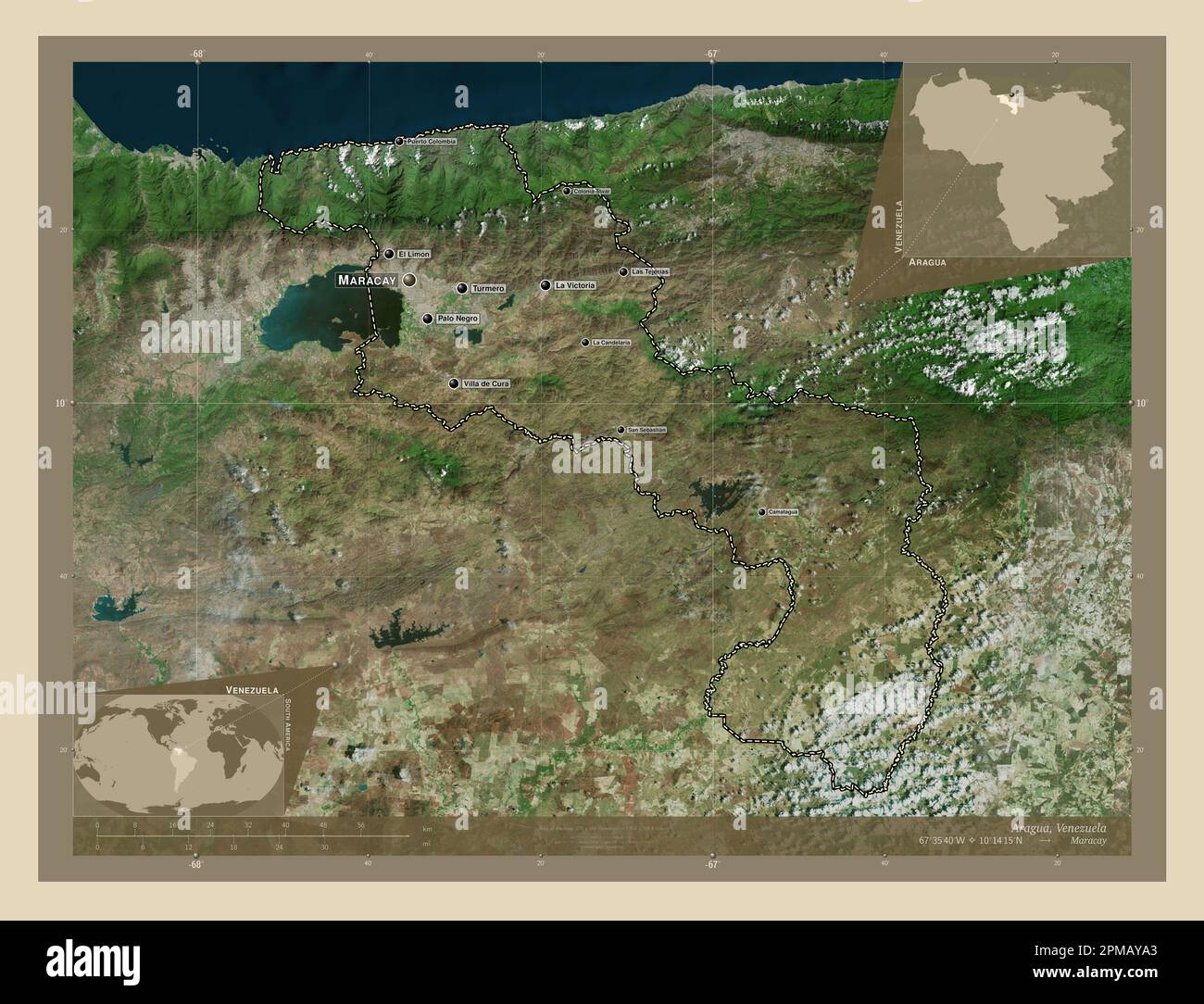 Aragua, state of Venezuela. High resolution satellite map. Locations ...