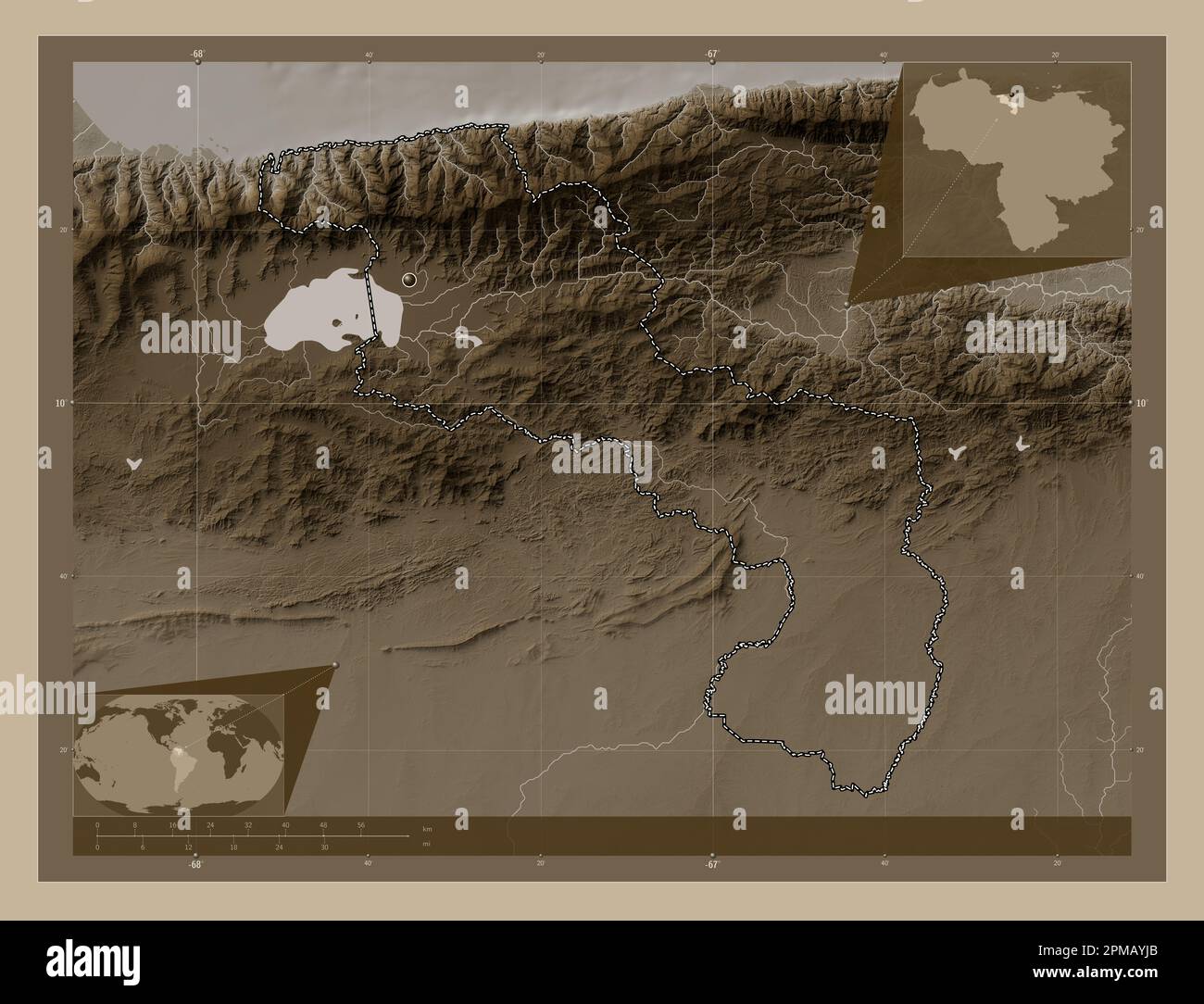 Aragua, state of Venezuela. Elevation map colored in sepia tones with ...