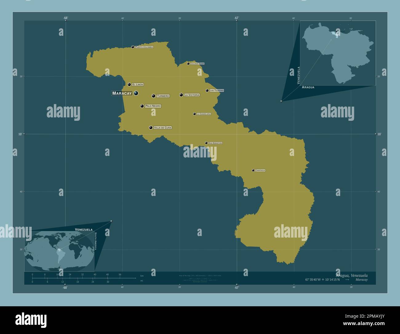Aragua, state of Venezuela. Solid color shape. Locations and names of ...
