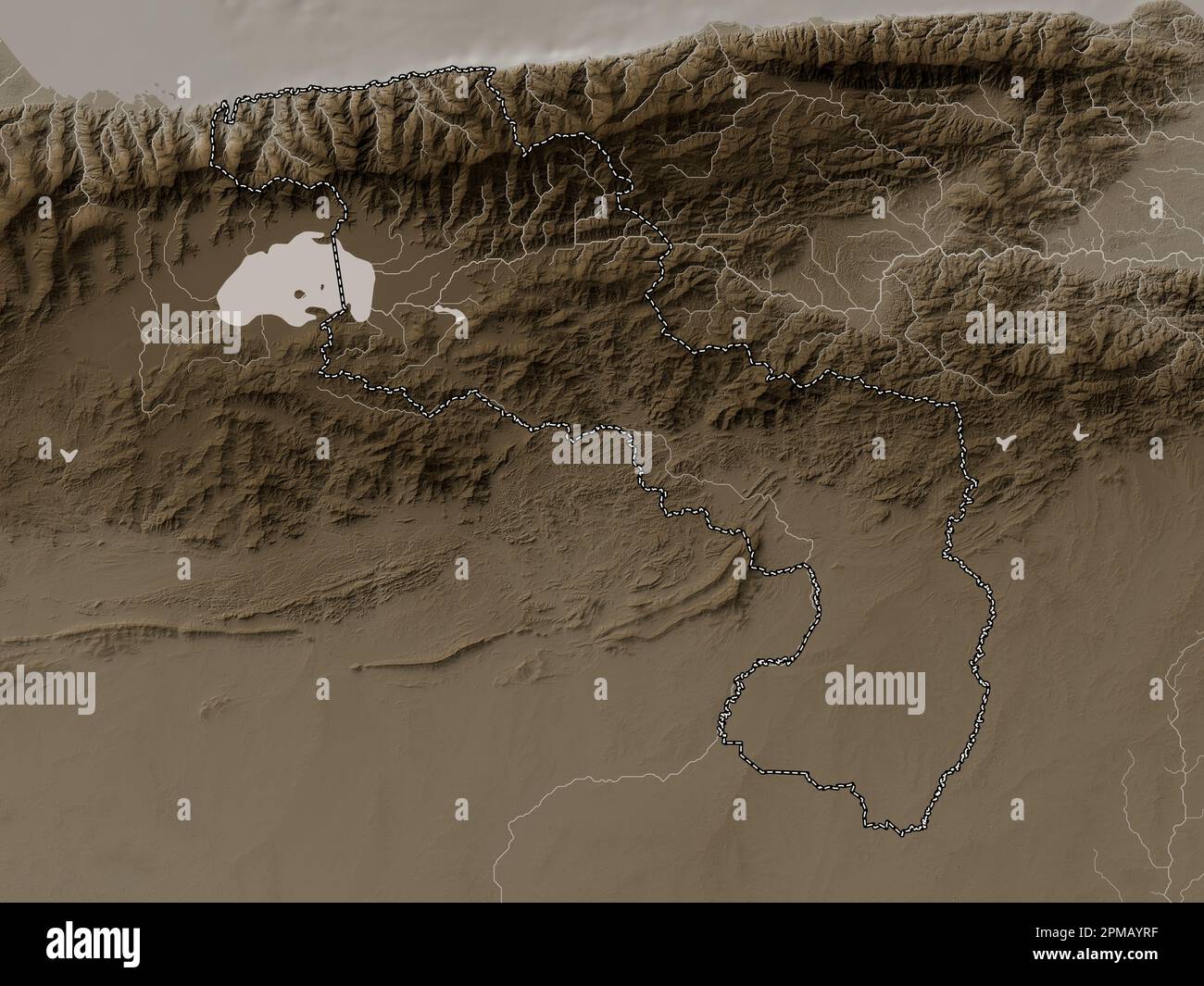 Aragua, state of Venezuela. Elevation map colored in sepia tones with ...
