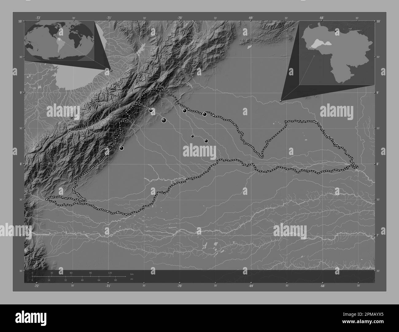 Barinas, state of Venezuela. Bilevel elevation map with lakes and ...