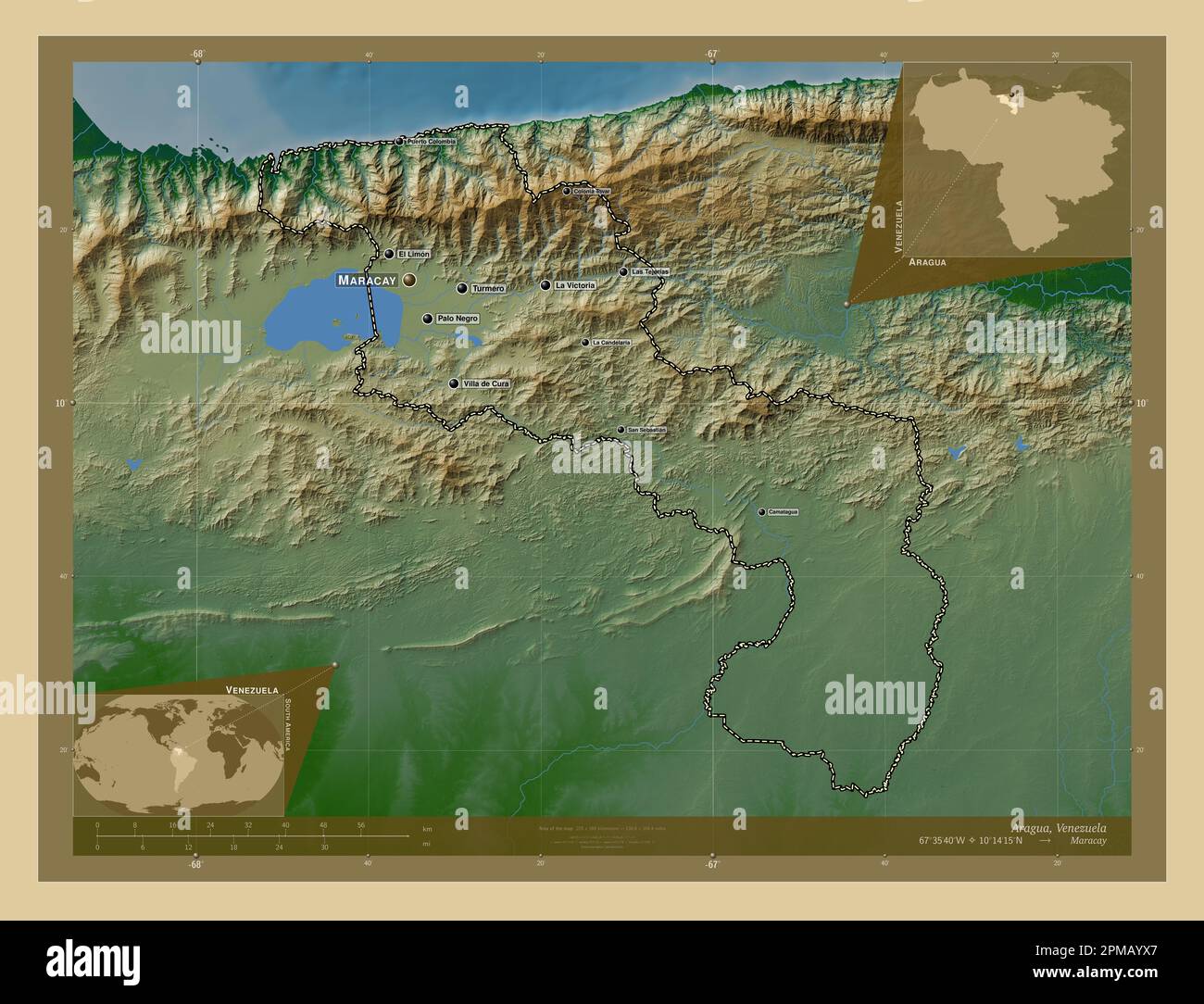 Aragua, state of Venezuela. Colored elevation map with lakes and rivers ...