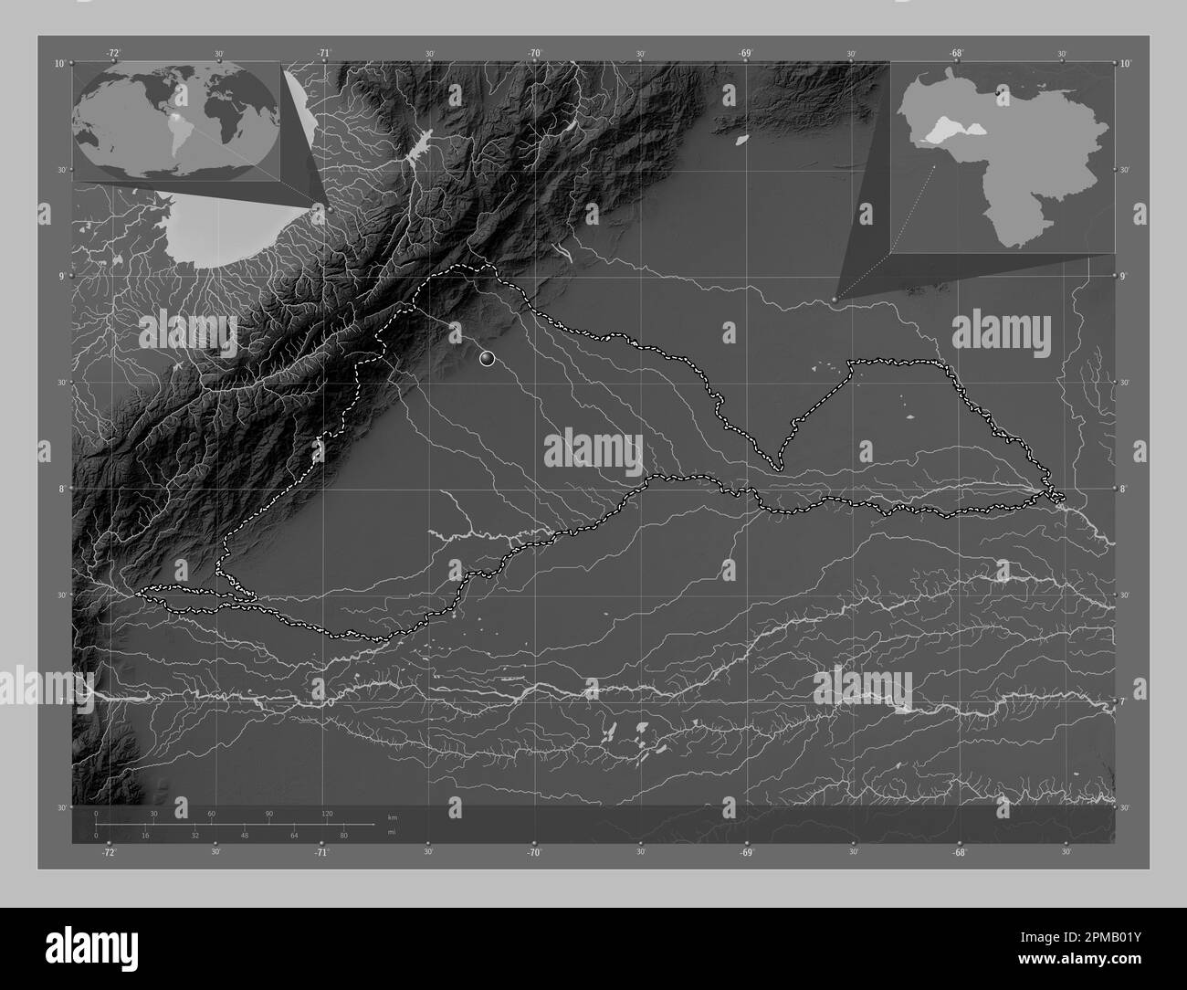 Barinas, state of Venezuela. Grayscale elevation map with lakes and ...