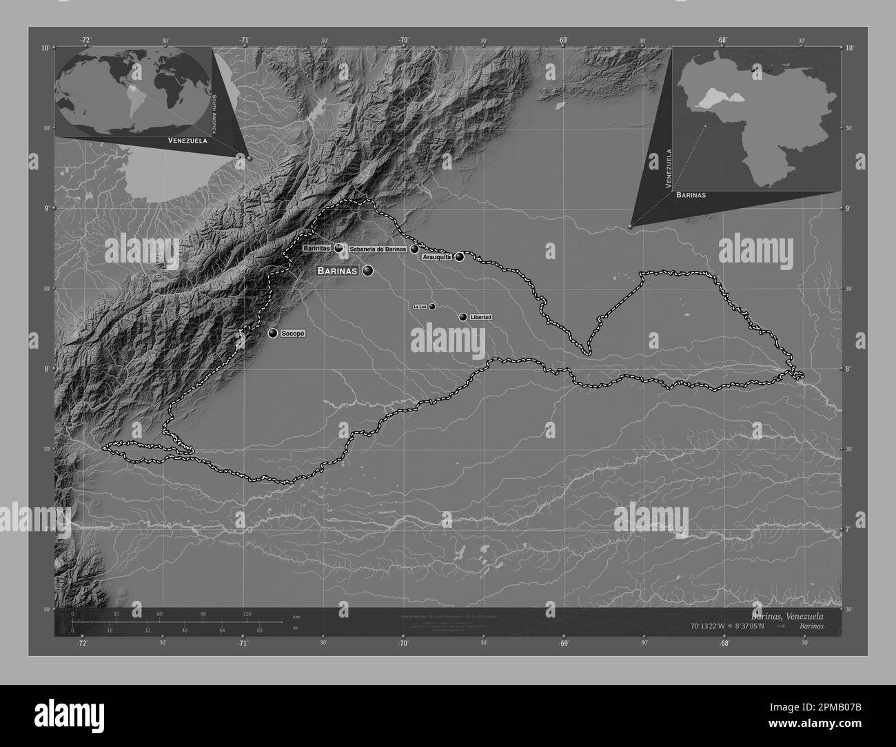 Barinas, state of Venezuela. Bilevel elevation map with lakes and ...