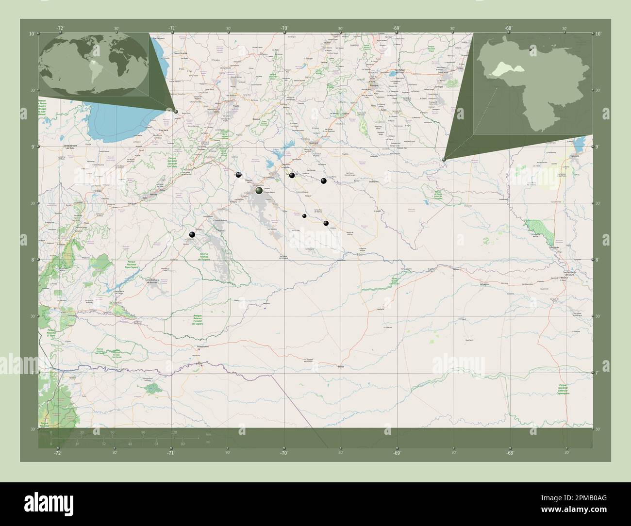 Barinas, state of Venezuela. Open Street Map. Locations of major cities ...