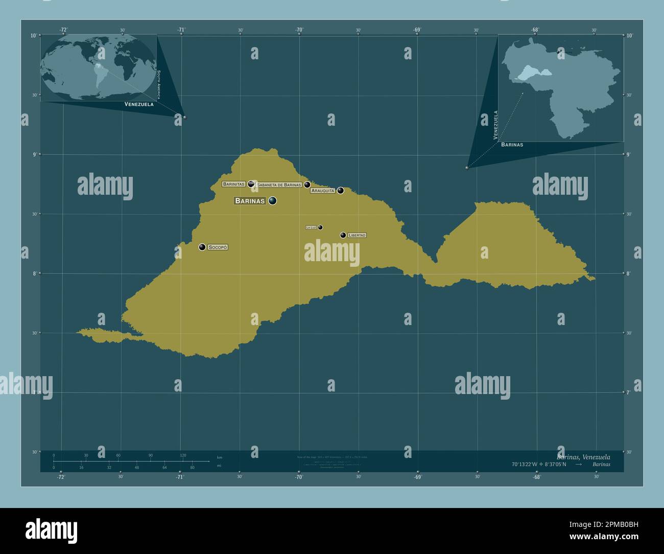 Barinas, state of Venezuela. Solid color shape. Locations and names of ...
